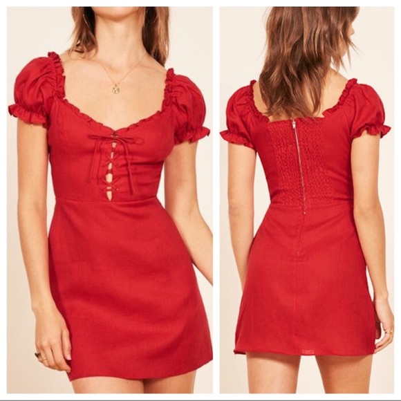 Reformation | Dresses | Reformation Klara Lace Up Tie Ruffle Linen ...